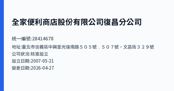 全家便利商店股份有限公司復昌分公司的照片-統編 28414678(臺北市) 公司登記資料與營業項目詳細圖表