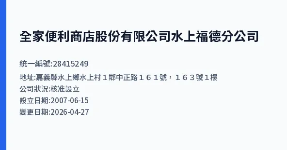 全家便利商店股份有限公司水上福德分公司的照片-統編 28415249(嘉義縣) 公司登記資料與營業項目詳細圖表