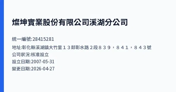 燦坤實業股份有限公司溪湖分公司的照片-統編 28415281(彰化縣) 公司登記資料與營業項目詳細圖表
