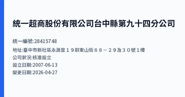 統一超商股份有限公司台中縣第九十四分公司的照片-統編 28415748(臺中市) 公司登記資料與營業項目詳細圖表
