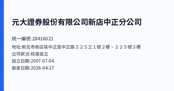 元大證券股份有限公司新店中正分公司的照片-統編 28416021(新北市) 公司登記資料與營業項目詳細圖表