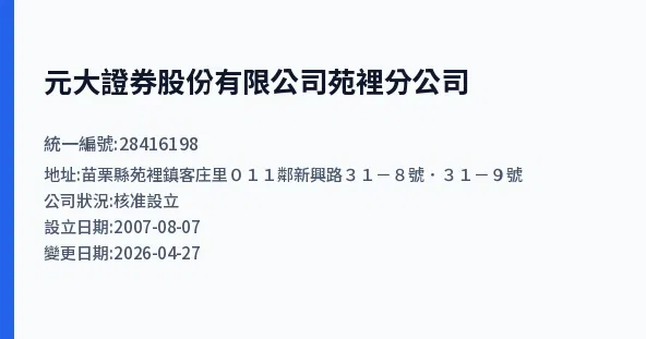 元大證券股份有限公司苑裡分公司的照片-統編 28416198(苗栗縣) 公司登記資料與營業項目詳細圖表