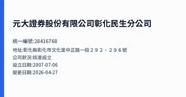 元大證券股份有限公司彰化民生分公司的照片-統編 28416768(彰化縣) 公司登記資料與營業項目詳細圖表