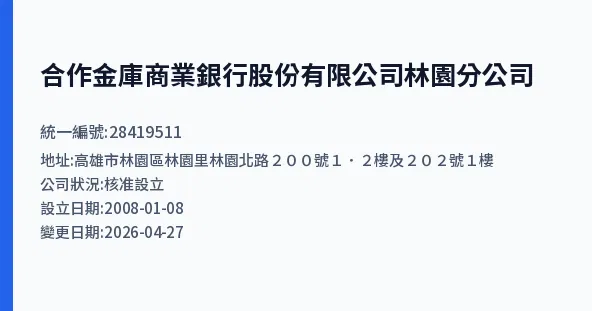 合作金庫商業銀行股份有限公司林園分公司的照片-統編 28419511(高雄市) 公司登記資料與營業項目詳細圖表