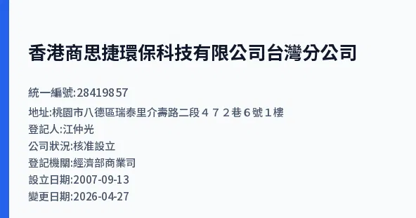 香港商思捷環保科技有限公司台灣分公司的照片-統編 28419857(桃園市) 公司登記資料與營業項目詳細圖表