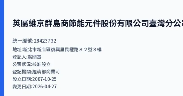 英屬維京群島商節能元件股份有限公司臺灣分公司的照片-統編 28423732(新北市) 公司登記資料與營業項目詳細圖表
