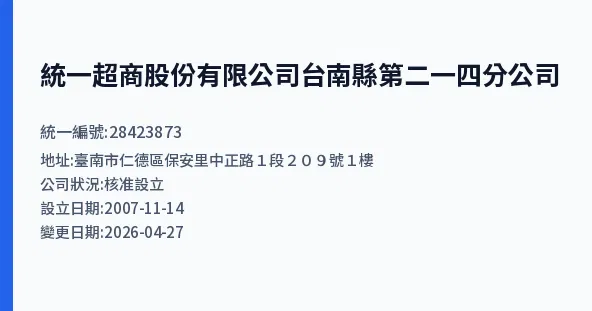 統一超商股份有限公司台南縣第二一四分公司的照片-統編 28423873(臺南市) 公司登記資料與營業項目詳細圖表