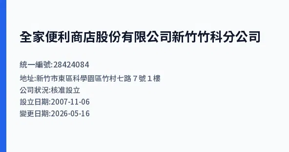 全家便利商店股份有限公司新竹竹科分公司的照片-統編 28424084(新竹市) 公司登記資料與營業項目詳細圖表