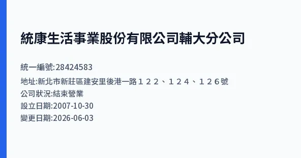 統康生活事業股份有限公司輔大分公司的照片-統編 28424583(新北市) 公司登記資料與營業項目詳細圖表