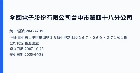 全國電子股份有限公司台中市第四十八分公司的照片-統編 28424789(臺中市) 公司登記資料與營業項目詳細圖表