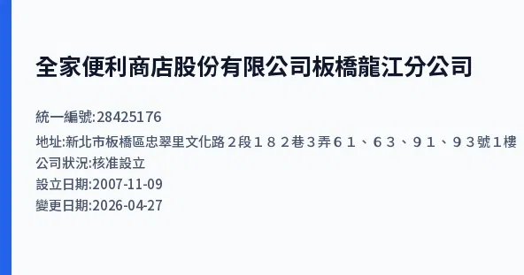 全家便利商店股份有限公司板橋龍江分公司的照片-統編 28425176(新北市) 公司登記資料與營業項目詳細圖表