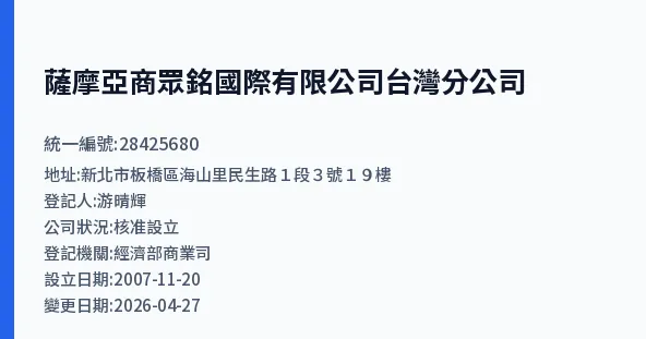 薩摩亞商眾銘國際有限公司台灣分公司的照片-統編 28425680(新北市) 公司登記資料與營業項目詳細圖表