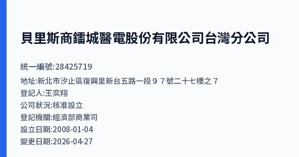 貝里斯商鐳城醫電股份有限公司台灣分公司的照片-統編 28425719(新北市) 公司登記資料與營業項目詳細圖表
