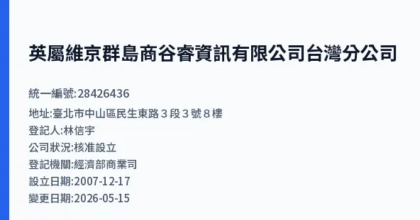 英屬維京群島商谷睿資訊有限公司台灣分公司的照片-統編 28426436(臺北市) 公司登記資料與營業項目詳細圖表