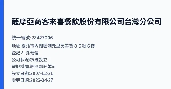 薩摩亞商客來喜餐飲股份有限公司台灣分公司的照片-統編 28427006(臺北市) 公司登記資料與營業項目詳細圖表