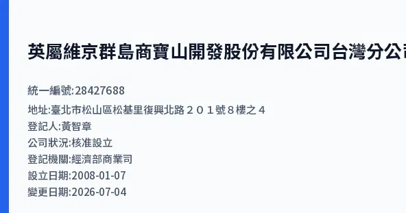 英屬維京群島商寶山開發股份有限公司台灣分公司的照片-統編 28427688(臺北市) 公司登記資料與營業項目詳細圖表