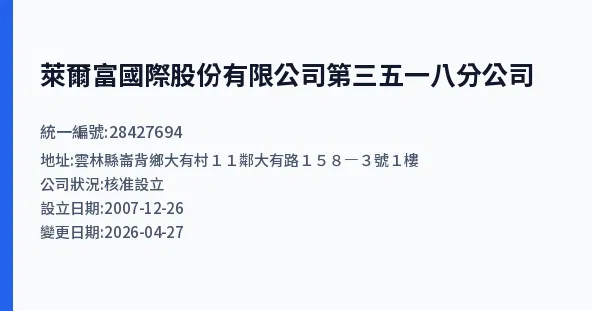萊爾富國際股份有限公司第三五一八分公司的照片-統編 28427694(雲林縣) 公司登記資料與營業項目詳細圖表