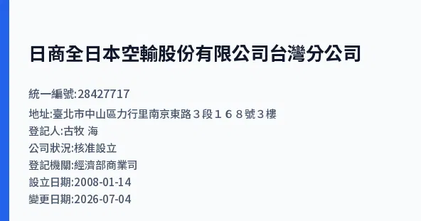 日商全日本空輸股份有限公司台灣分公司的照片-統編 28427717(臺北市) 公司登記資料與營業項目詳細圖表