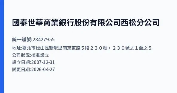 國泰世華商業銀行股份有限公司西松分公司的照片-統編 28427955(臺北市) 公司登記資料與營業項目詳細圖表