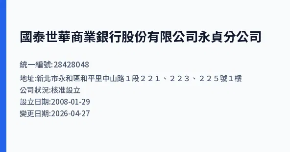 國泰世華商業銀行股份有限公司永貞分公司的照片-統編 28428048(新北市) 公司登記資料與營業項目詳細圖表