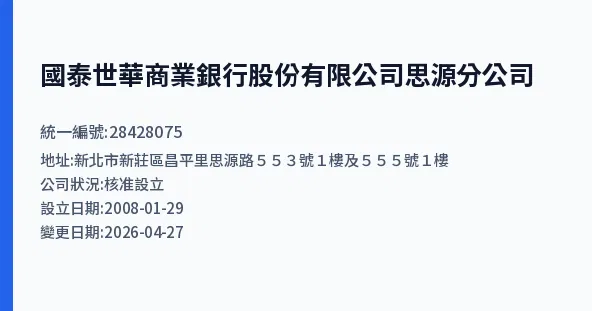 國泰世華商業銀行股份有限公司思源分公司的照片-統編 28428075(新北市) 公司登記資料與營業項目詳細圖表
