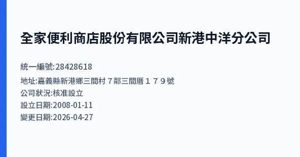 全家便利商店股份有限公司新港中洋分公司的照片-統編 28428618(嘉義縣) 公司登記資料與營業項目詳細圖表