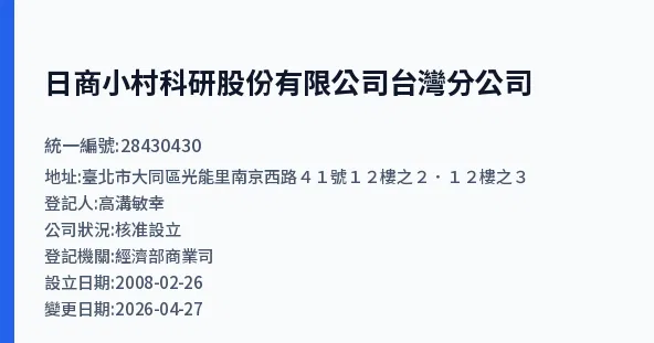 日商小村科研股份有限公司台灣分公司的照片-統編 28430430(臺北市) 公司登記資料與營業項目詳細圖表