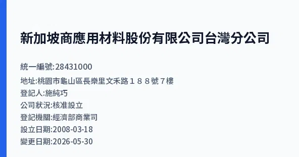 新加坡商應用材料股份有限公司台灣分公司的照片-統編 28431000(桃園市) 公司登記資料與營業項目詳細圖表