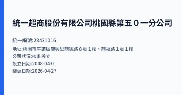 統一超商股份有限公司桃園縣第五0一分公司的照片-統編 28431016(桃園市) 公司登記資料與營業項目詳細圖表
