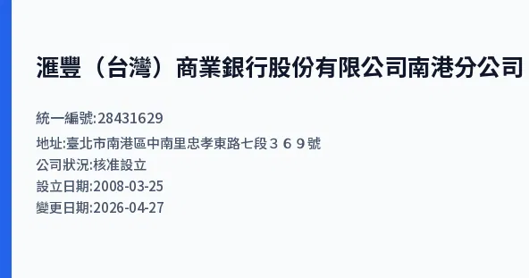 滙豐(台灣)商業銀行股份有限公司南港分公司的照片-統編 28431629(臺北市) 公司登記資料與營業項目詳細圖表