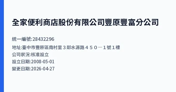全家便利商店股份有限公司豐原豐富分公司的照片-統編 28432296(臺中市) 公司登記資料與營業項目詳細圖表