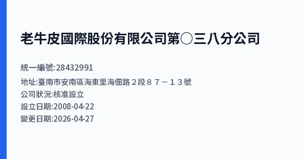 老牛皮國際股份有限公司第○三八分公司的照片-統編 28432991(臺南市) 公司登記資料與營業項目詳細圖表