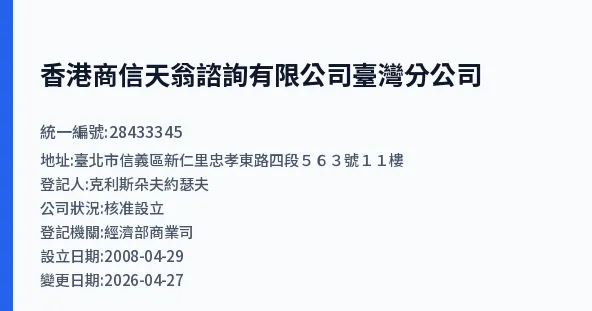 香港商信天翁諮詢有限公司臺灣分公司的照片-統編 28433345(臺北市) 公司登記資料與營業項目詳細圖表