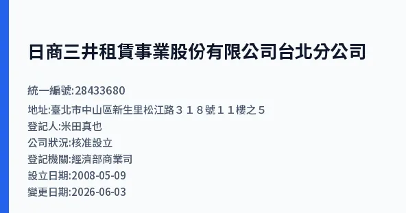 日商三井租賃事業股份有限公司台北分公司的照片-統編 28433680(臺北市) 公司登記資料與營業項目詳細圖表
