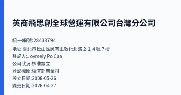 英商飛思創全球營運有限公司台灣分公司的照片-統編 28433794(臺北市) 公司登記資料與營業項目詳細圖表