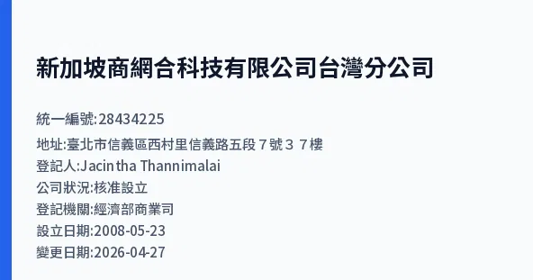 新加坡商網合科技有限公司台灣分公司的照片-統編 28434225(臺北市) 公司登記資料與營業項目詳細圖表