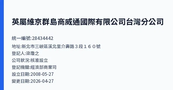 英屬維京群島商威通國際有限公司台灣分公司的照片-統編 28434442(新北市) 公司登記資料與營業項目詳細圖表