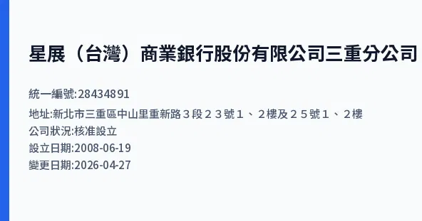 星展(台灣)商業銀行股份有限公司三重分公司的照片-統編 28434891(新北市) 公司登記資料與營業項目詳細圖表