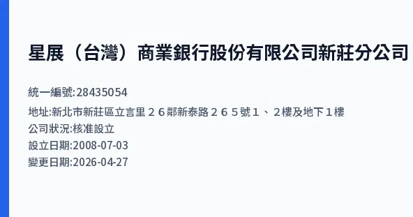 星展(台灣)商業銀行股份有限公司新莊分公司的照片-統編 28435054(新北市) 公司登記資料與營業項目詳細圖表