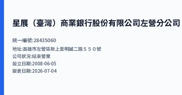 星展(臺灣)商業銀行股份有限公司左營分公司的照片-統編 28435060(高雄市) 公司登記資料與營業項目詳細圖表