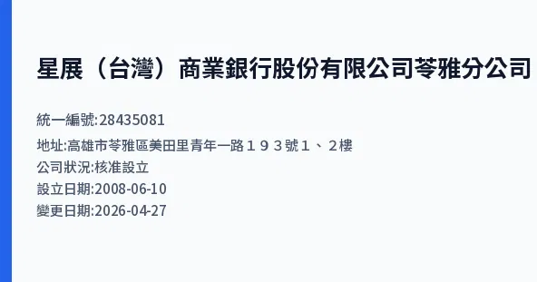 星展(台灣)商業銀行股份有限公司苓雅分公司的照片-統編 28435081(高雄市) 公司登記資料與營業項目詳細圖表