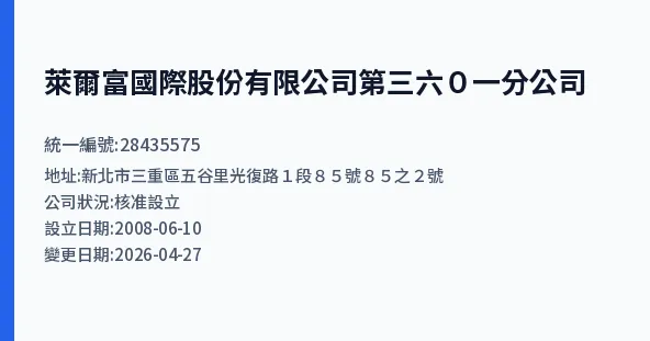 萊爾富國際股份有限公司第三六0一分公司的照片-統編 28435575(新北市) 公司登記資料與營業項目詳細圖表