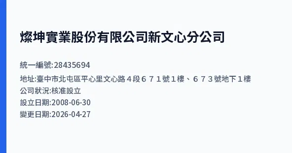 燦坤實業股份有限公司新文心分公司的照片-統編 28435694(臺中市) 公司登記資料與營業項目詳細圖表