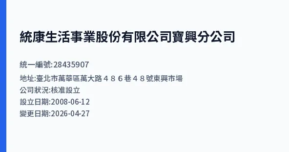 統康生活事業股份有限公司寶興分公司的照片-統編 28435907(臺北市) 公司登記資料與營業項目詳細圖表