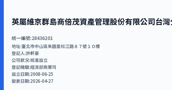 英屬維京群島商倍茂資產管理股份有限公司台灣分公司的照片-統編 28436201(臺北市) 公司登記資料與營業項目詳細圖表