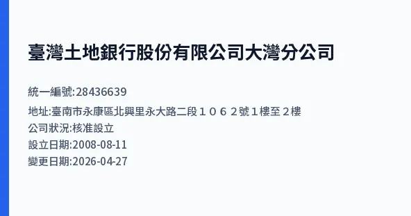 臺灣土地銀行股份有限公司大灣分公司的照片-統編 28436639(臺南市) 公司登記資料與營業項目詳細圖表