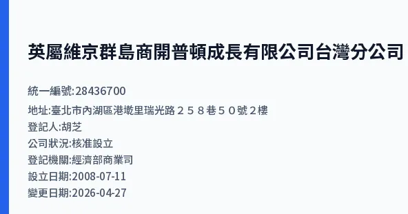 英屬維京群島商開普頓成長有限公司台灣分公司的照片-統編 28436700(臺北市) 公司登記資料與營業項目詳細圖表