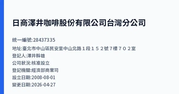 日商澤井咖啡股份有限公司台灣分公司的照片-統編 28437335(臺北市) 公司登記資料與營業項目詳細圖表
