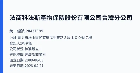 法商科法斯產物保險股份有限公司台灣分公司的照片-統編 28437399(臺北市) 公司登記資料與營業項目詳細圖表