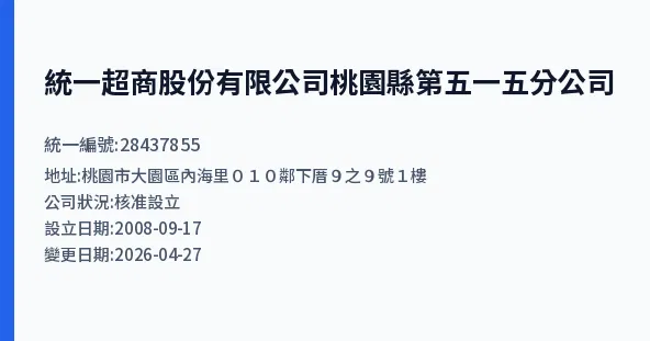統一超商股份有限公司桃園縣第五一五分公司的照片-統編 28437855(桃園市) 公司登記資料與營業項目詳細圖表